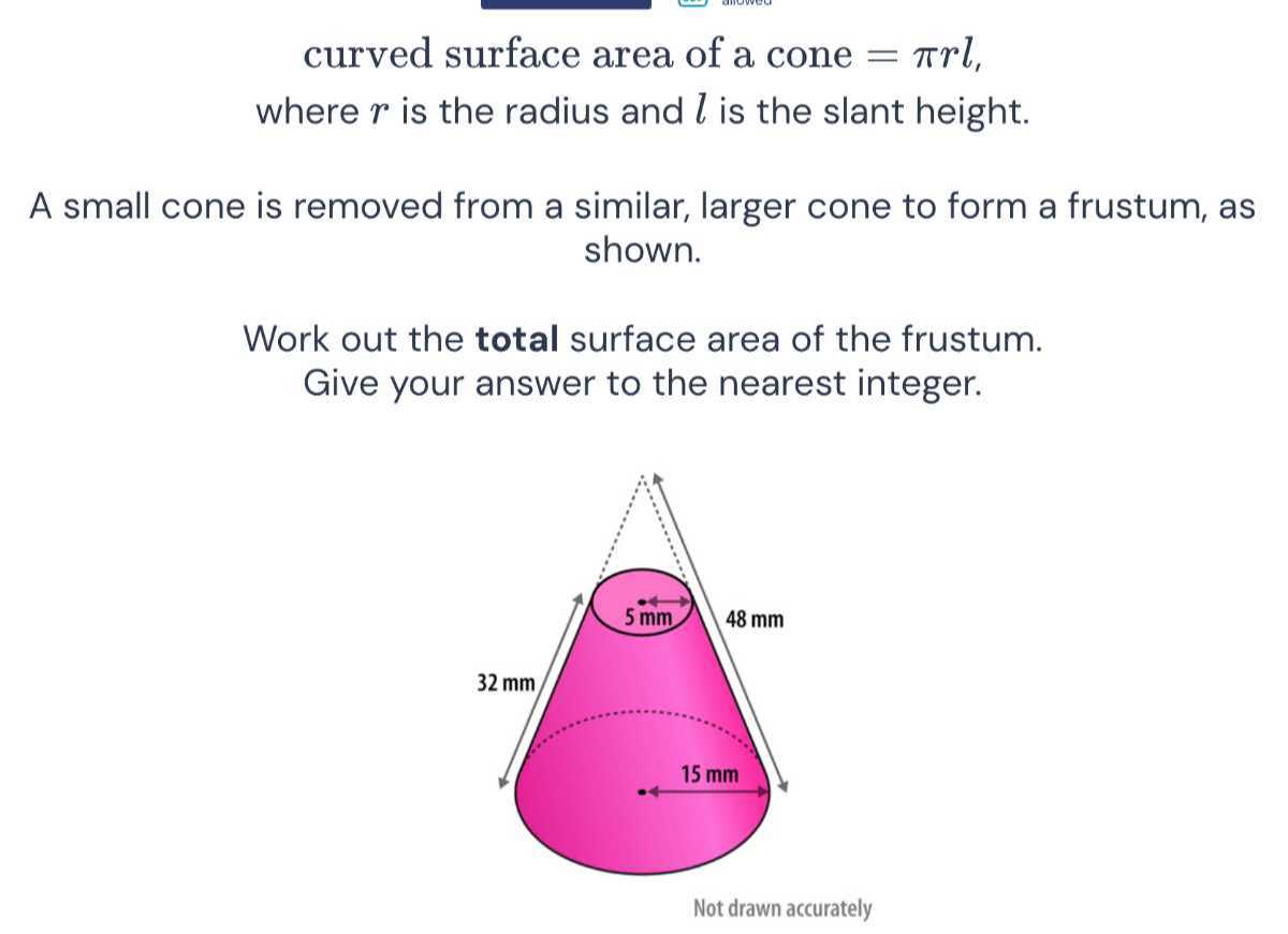 curved surface area of a cone =π r l, where r is the radius and l is ...
