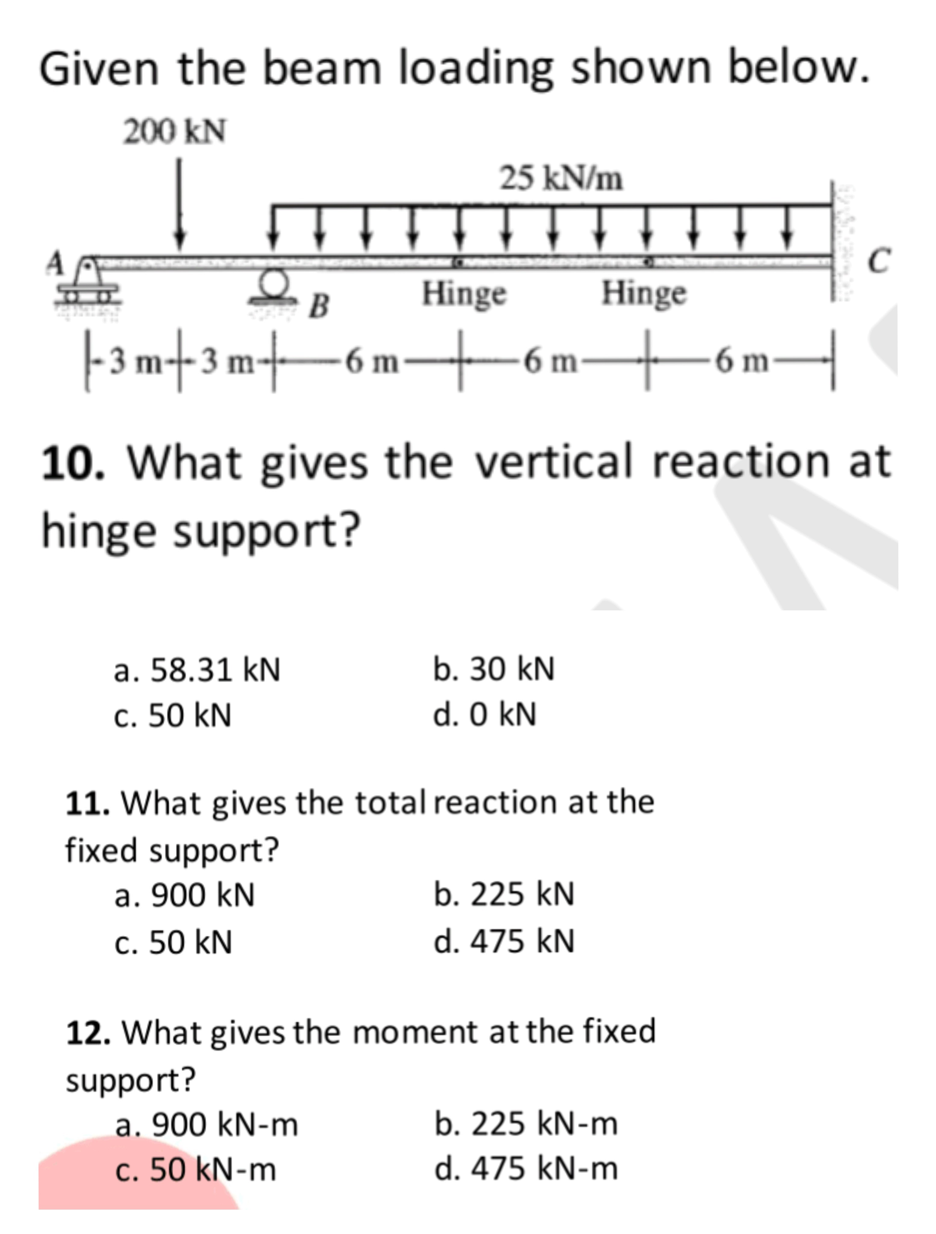 Given the beam loading shown below. 10. What gives the vertical ...