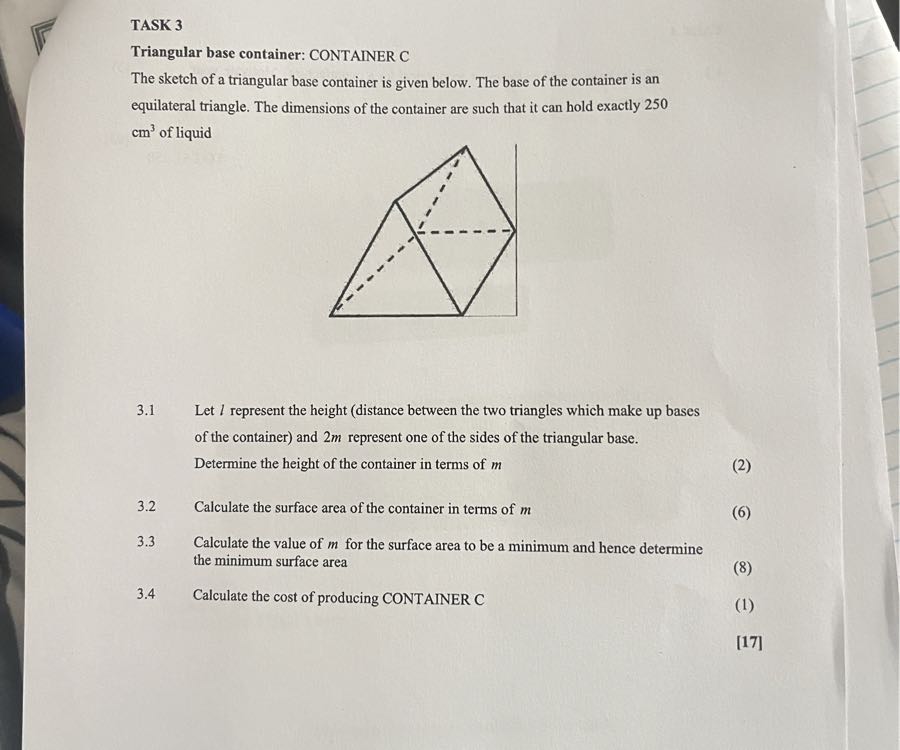 TASK 3 Triangular base container: CONTAINER C The sketch of...