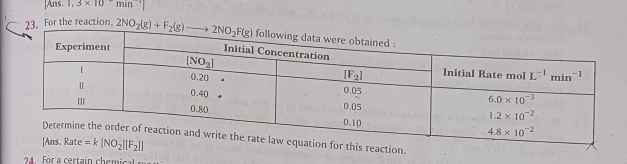 23. For the reaction, 2 NO2(g)+F2(g) 2 NO2 F( g) following data were obtained : Experiment 3|c ...