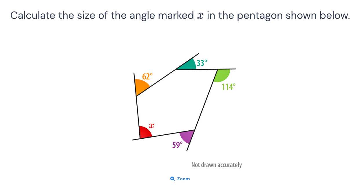 Calculate the size of the angle marked x in the pentagon shown below. Not drawn accurately Zoom
