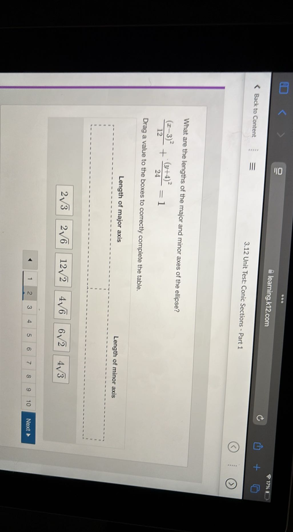 back to content learningk12com 17 1 312 unit test conic sections part 1 ...
