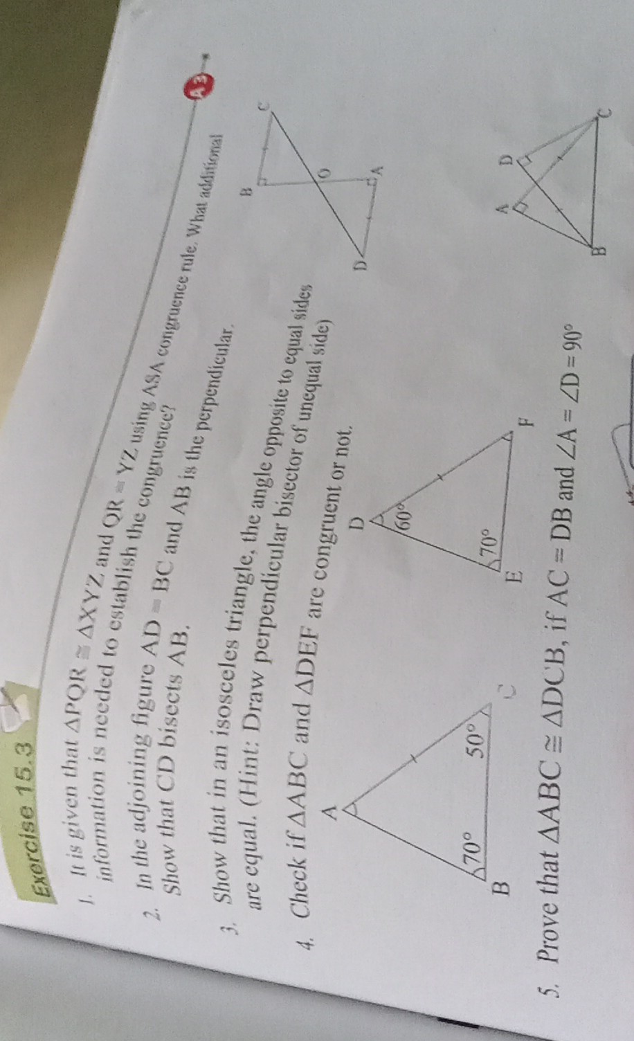 Exercise 15.3 2. In the adjoining figure AD=BC and AB is the perpendicular 3. Show that in an ...