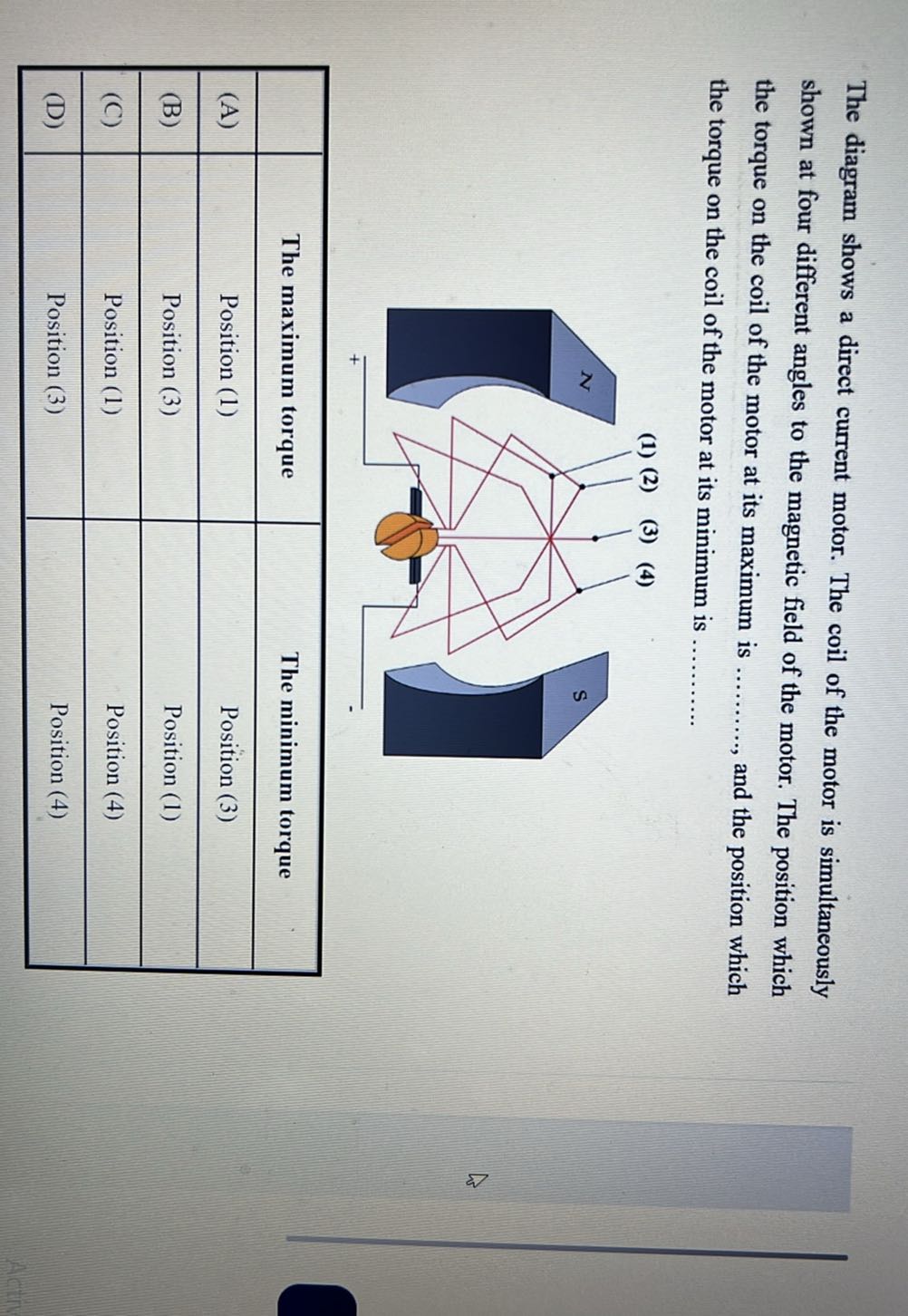 The diagram shows a direct current motor. The coil of the motor is ...