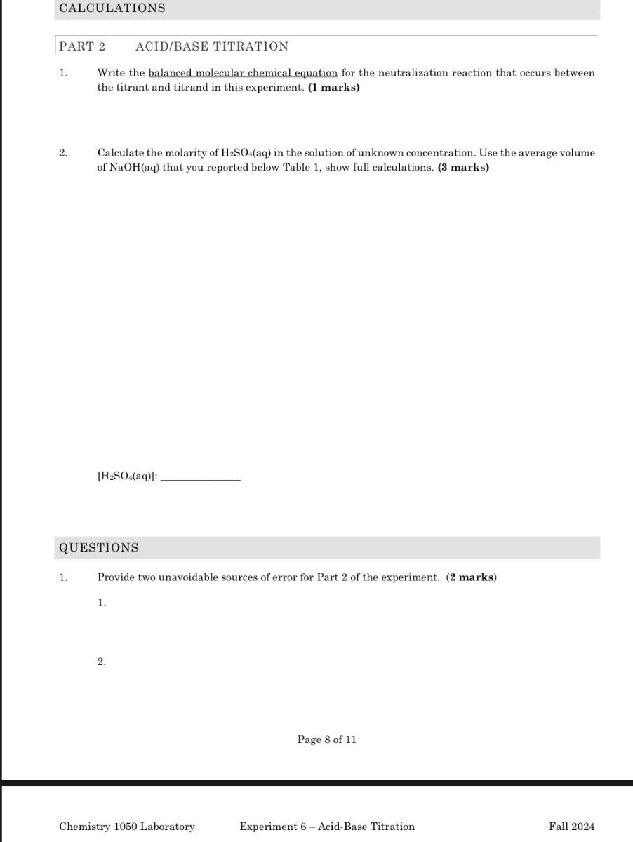 CALCULATIONS PART 2 ACID/BASE TITRATION 1. Write the balanced molecular ...