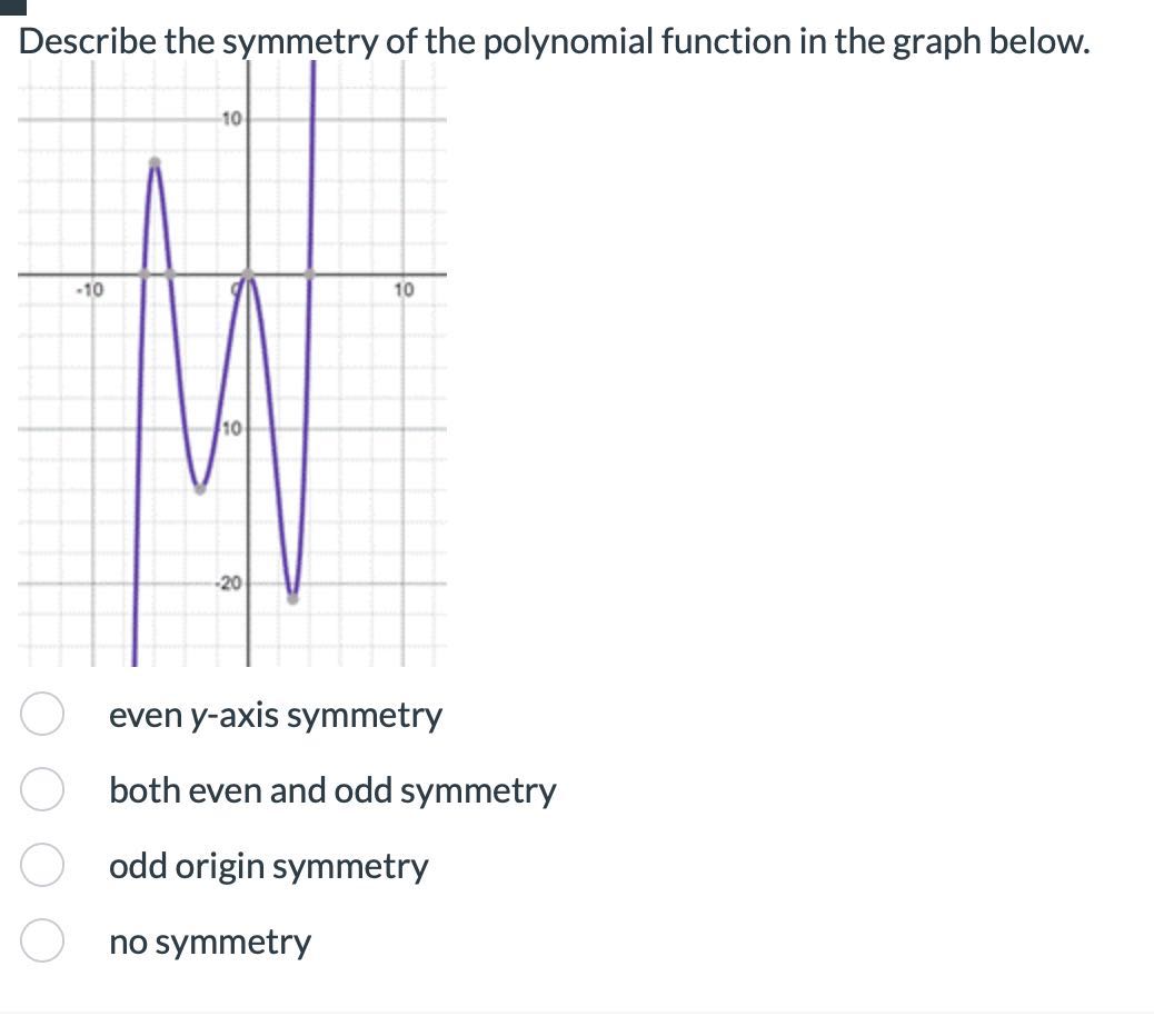 Describe the symmetry of the polynomial function in the graph below ... Describe the symmetry of the polynomial function in the graph below ...
