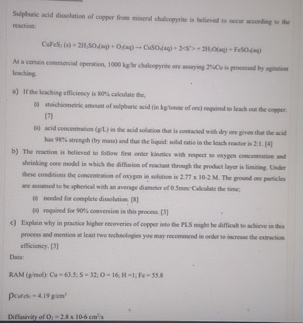 Sulphuric acid dissolution of copper from mineral chalcopyrite is ...
