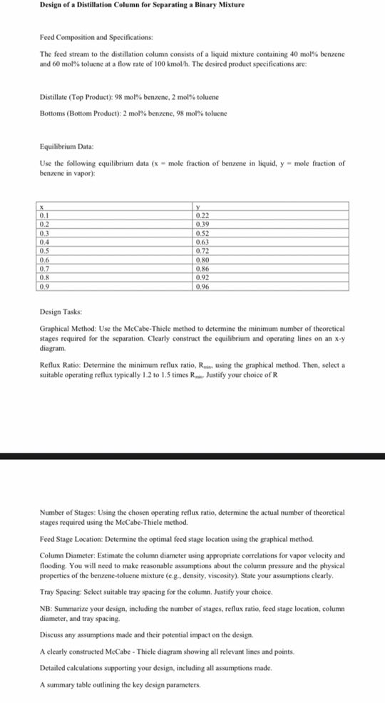 Design of a Distillation Column for Separating a Binary...