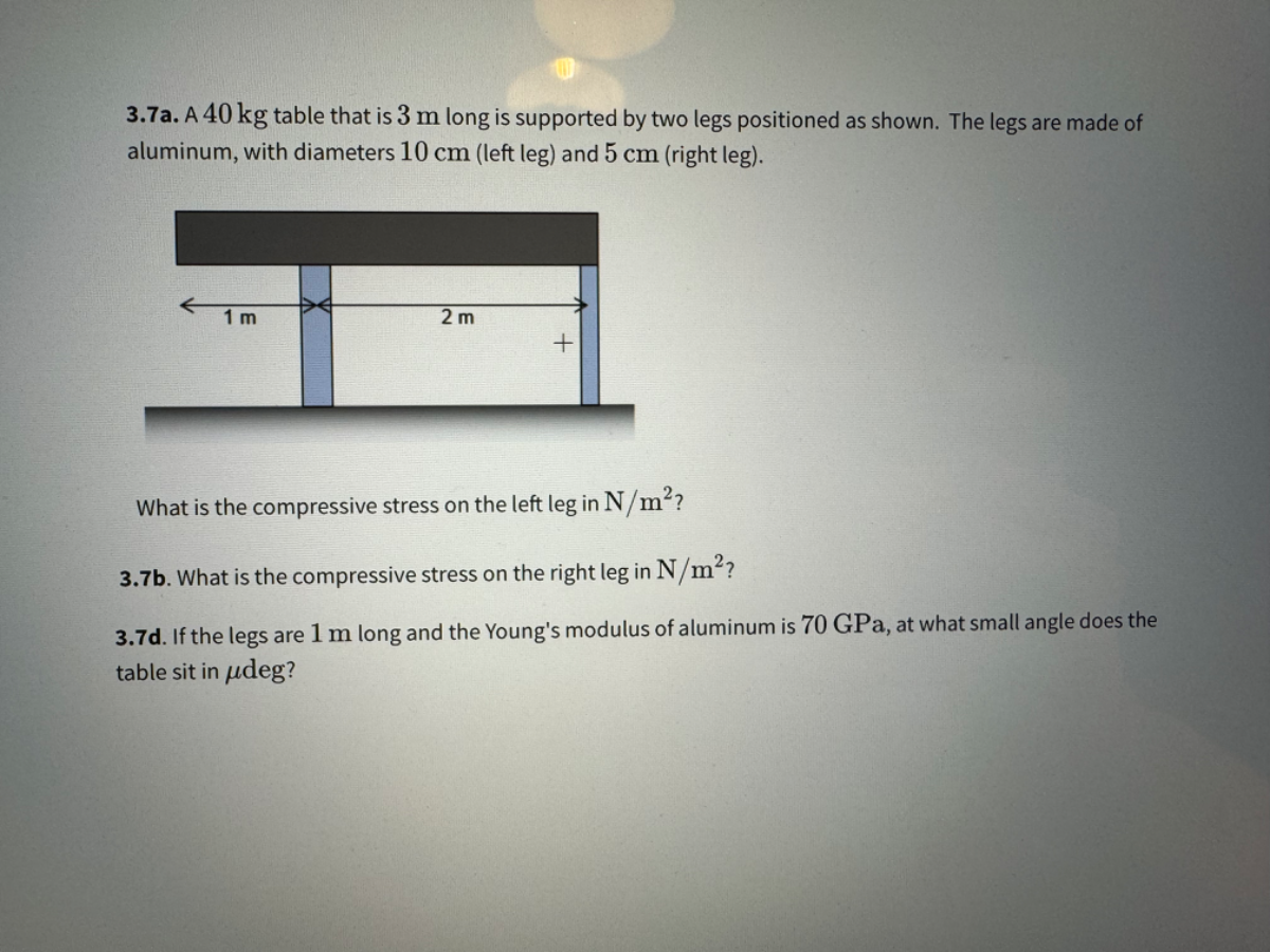 SOLVED: 3.7a. A 40 kg table that is 3 m long is supported by two legs ...