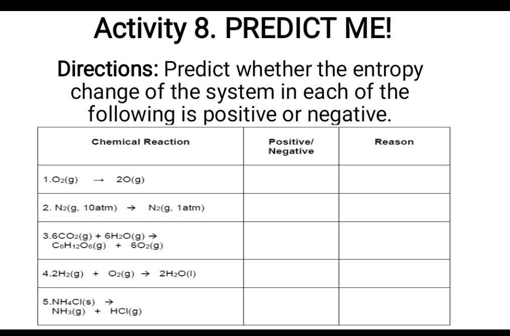 activity 8 predict me directions predict whether the entropy change of ...