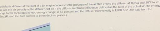 adiabatic diffuser at the inlet of a jet engine increases the pressure ...