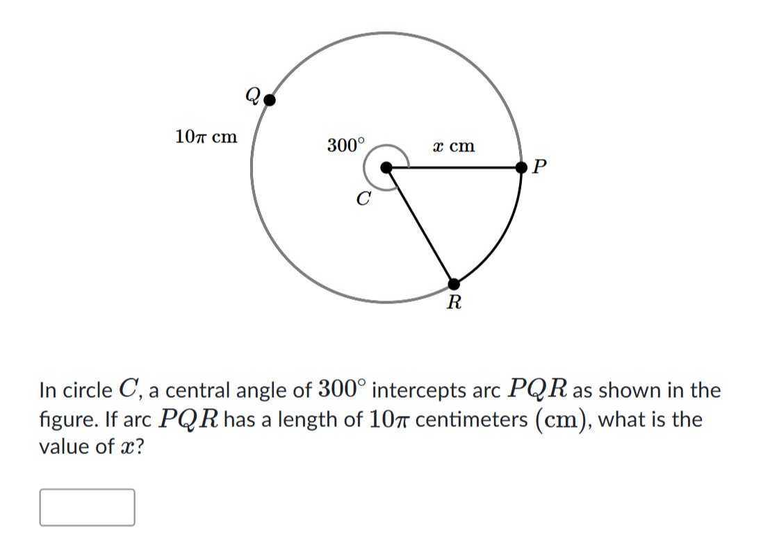 In circle C, a central angle of 300^∘ intercepts arc P Q R as shown in ...