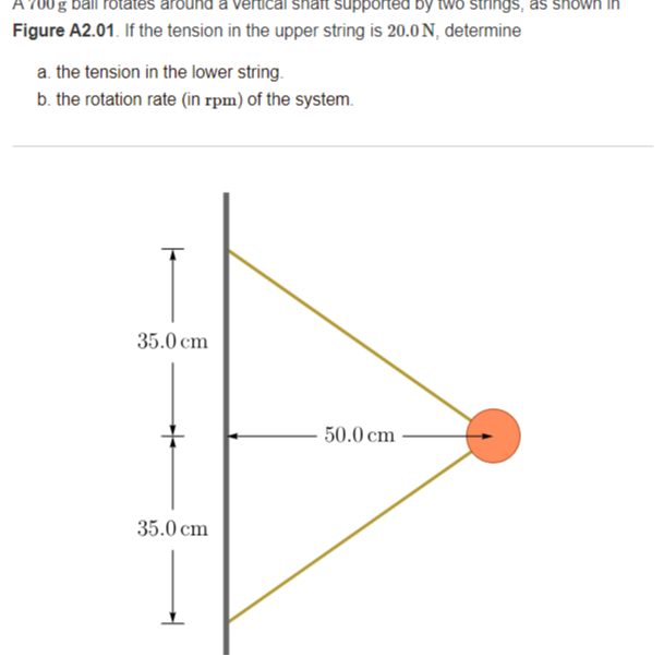 A 700 g Dall rotates around a vertical snait supported Dy two strings ...