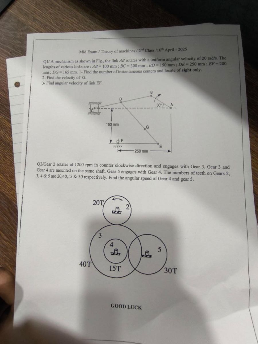 Mid Exam / Theory of machines / 2^nd Class / 10^th April - 2025 Q1/ A mechanism as shown in Fig ...
