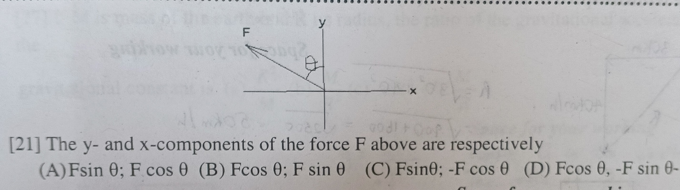 [21] The y - and x -components of the force F above are respectively (A ...