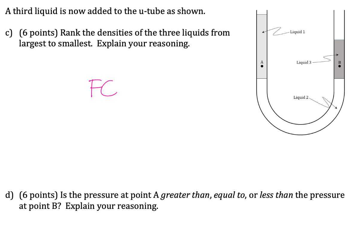 A third liquid is now added to the u-tube as shown. c) (6 points) Rank ...