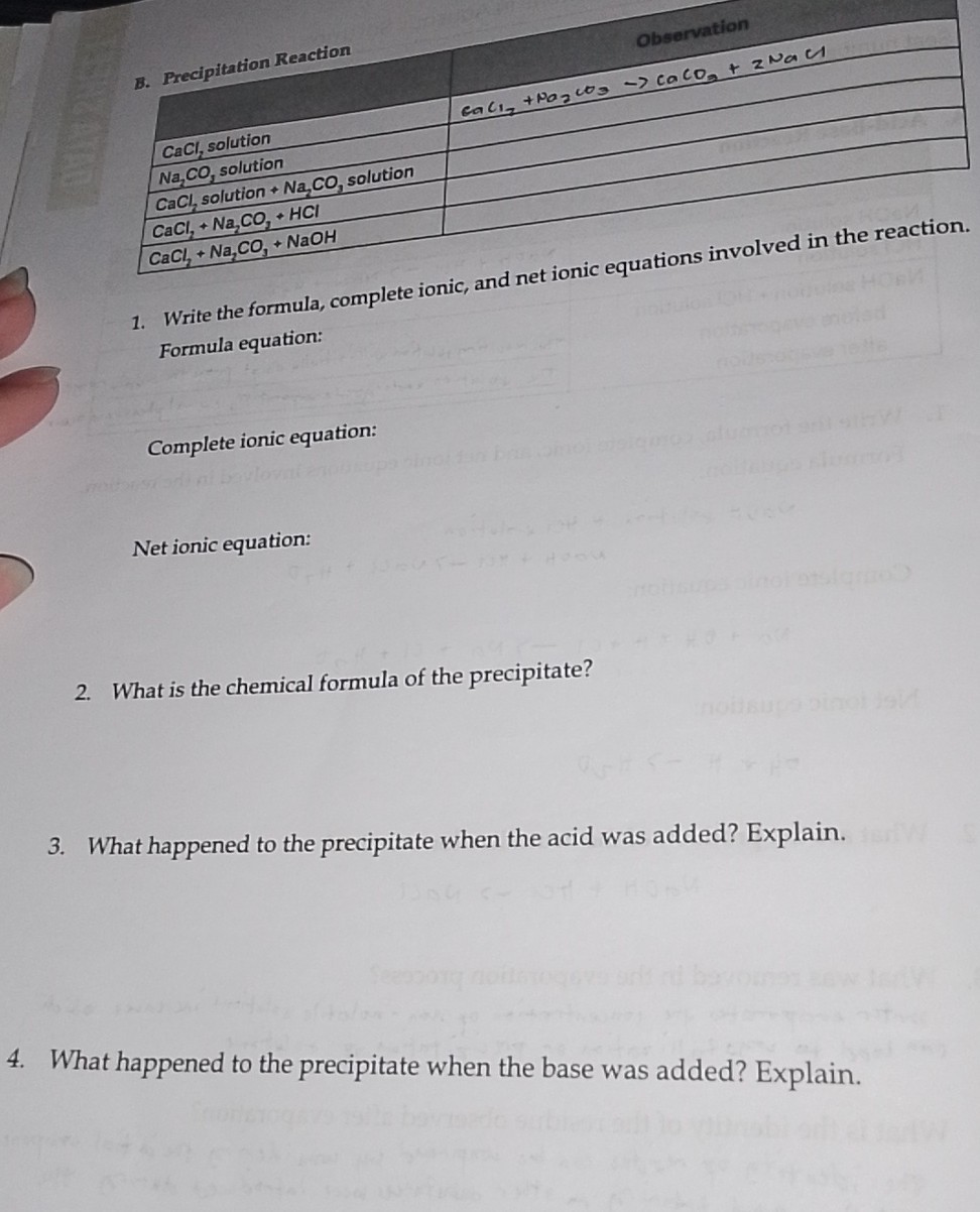 B. Precipitation Reaction 1. Write the formula, complete ionic, and net ...