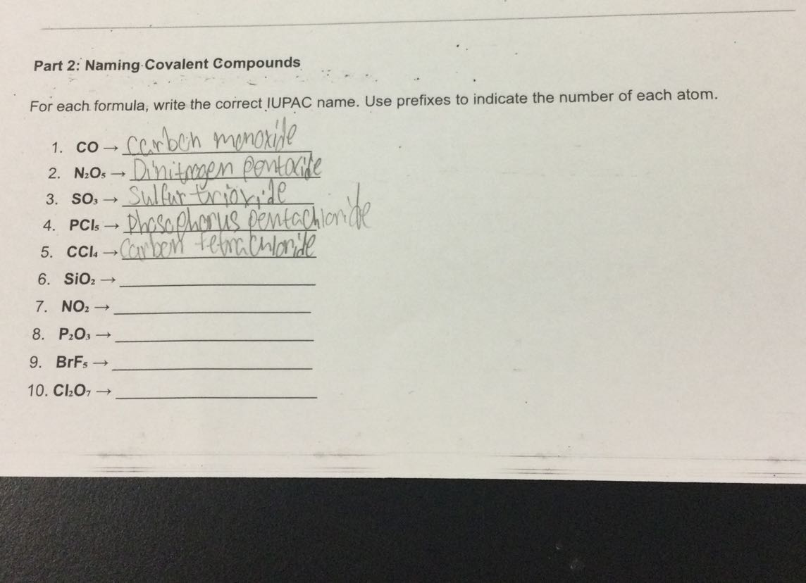 Part 2: Naming Covalent Compounds For each formula, write the correct ...
