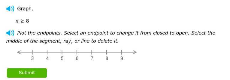 graph x geq 8 plot the endpoints select an endpoint to change it from closed to open select the ...