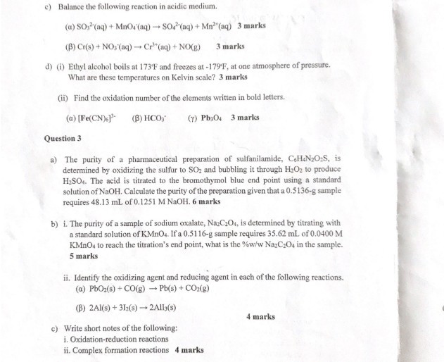 c) Balance the following reaction in acidic medium. (a) SO3^2-(aq)+MnO4 ...