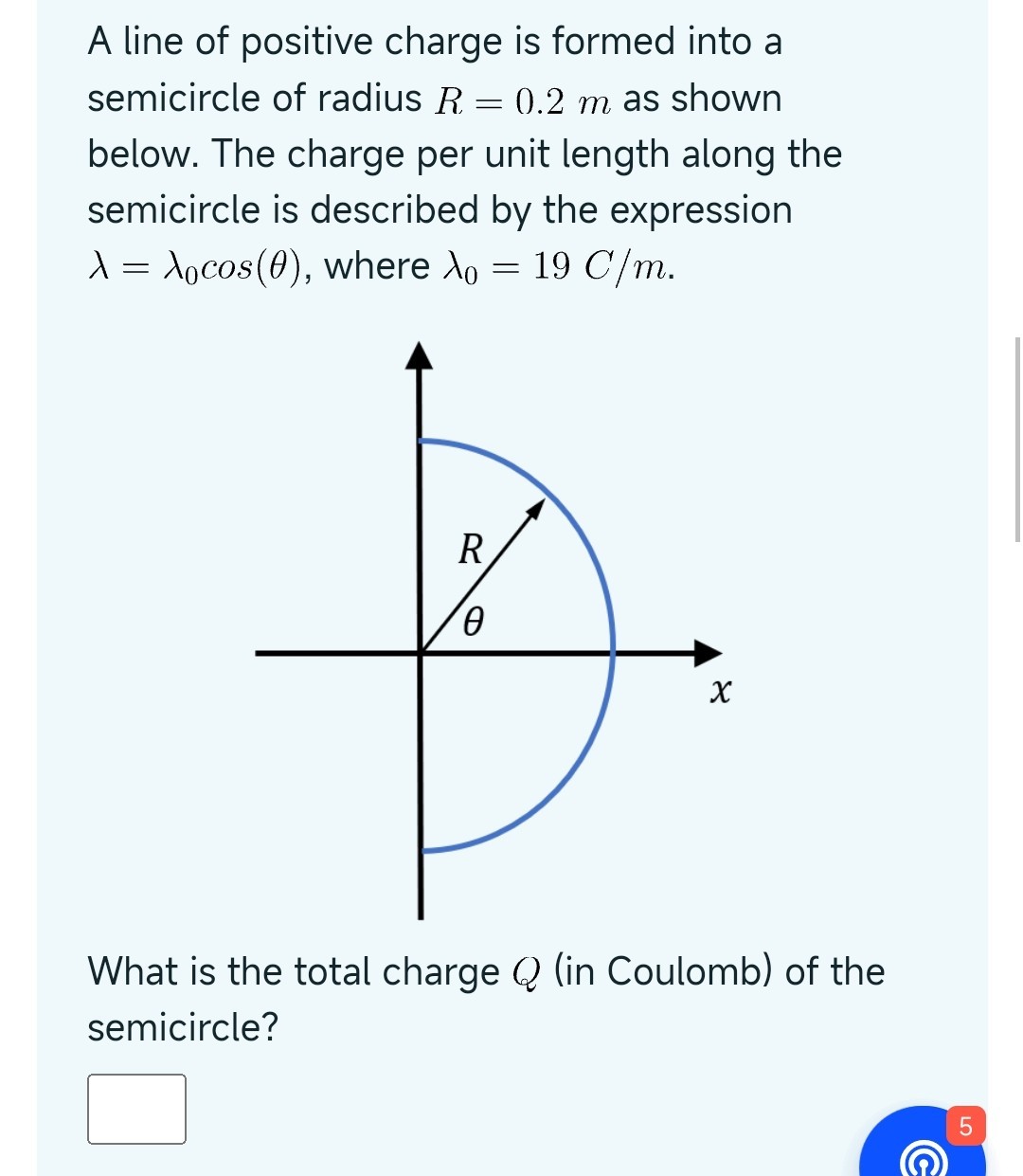 a line of positive charge is formed into a semicircle of radius r02 ...