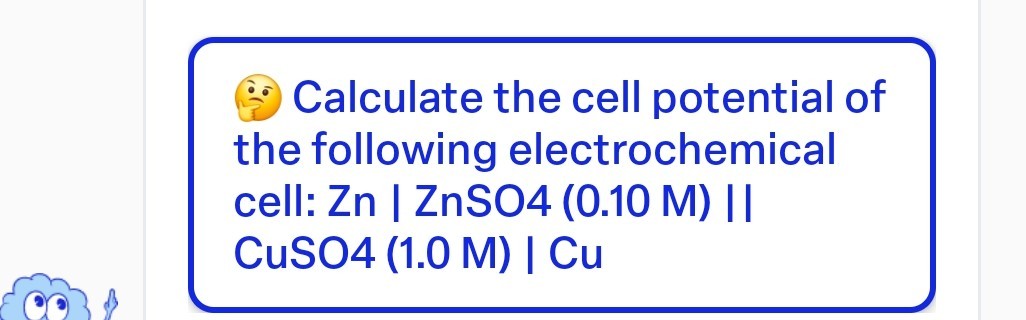 calculate the cell potential of the following electrochemical cell zn ...