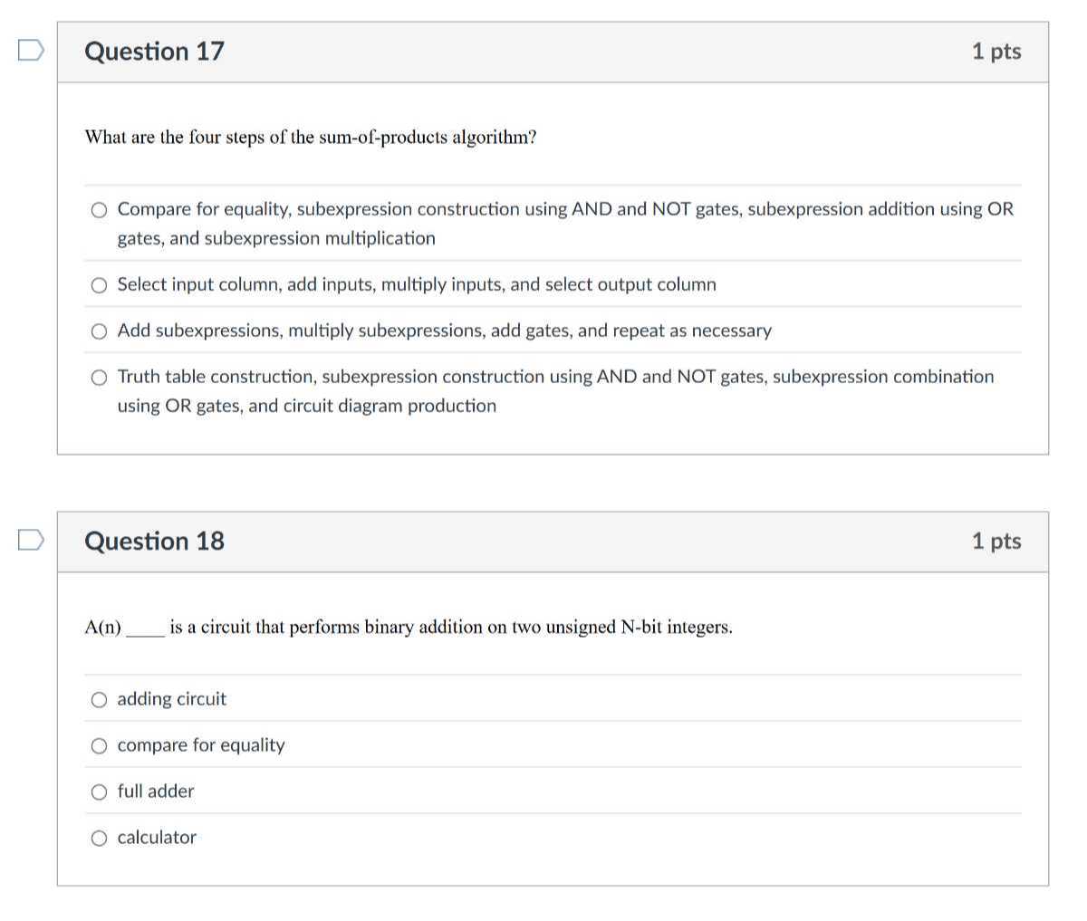 Question 17 1 pts What are the four steps of the sum-of-products ...