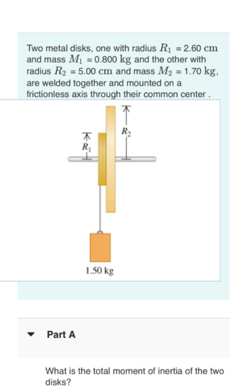 SOLVED: Two metal disks, one with radius R1=2.60 cm and mass M1=0.800 kg and the other with ...