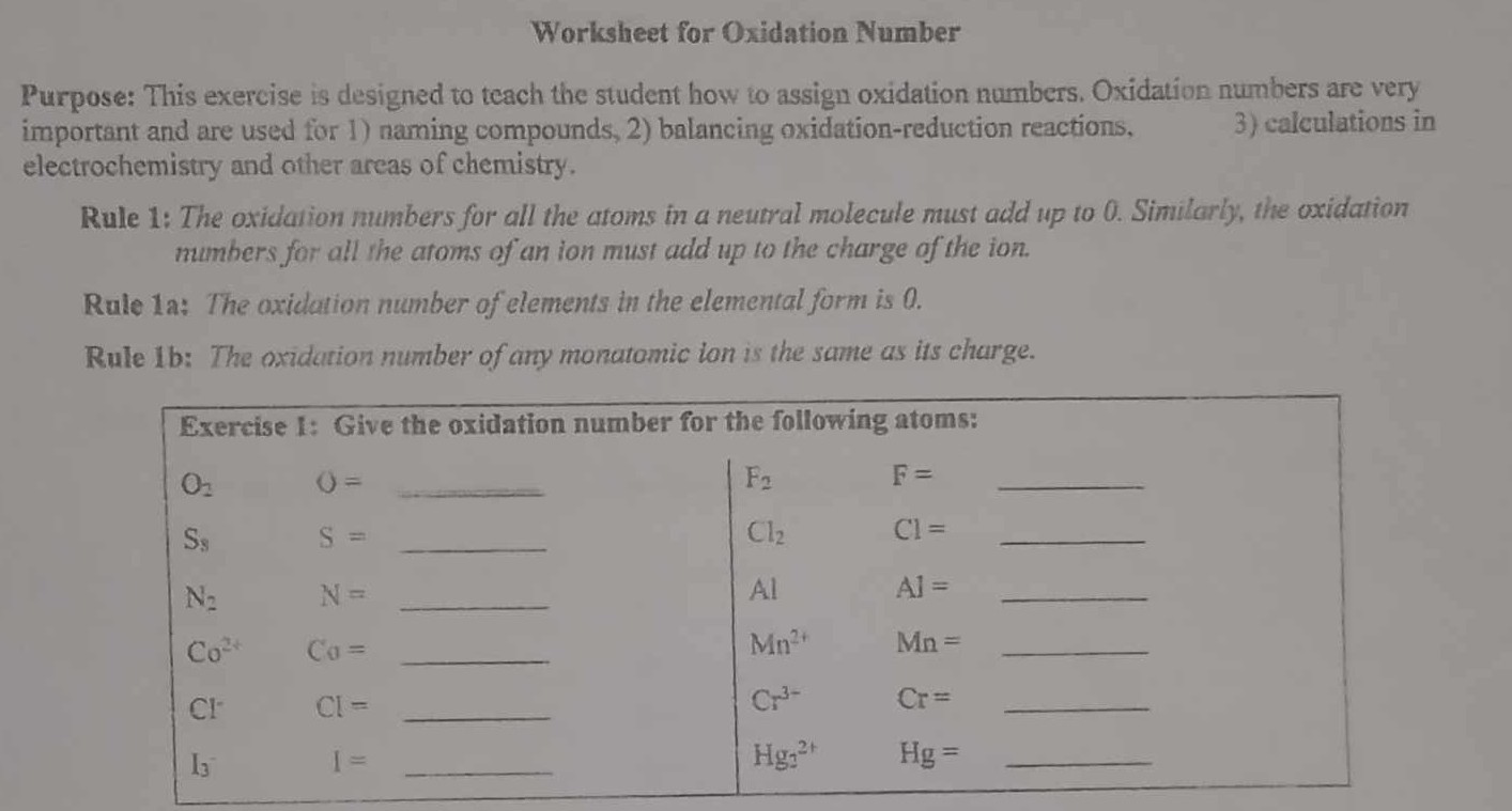 Worksheet for Oxidation Number Purpose: This exercise is designed to ...