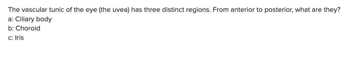 The vascular tunic of the eye (the uvea) has three distinct regions ...