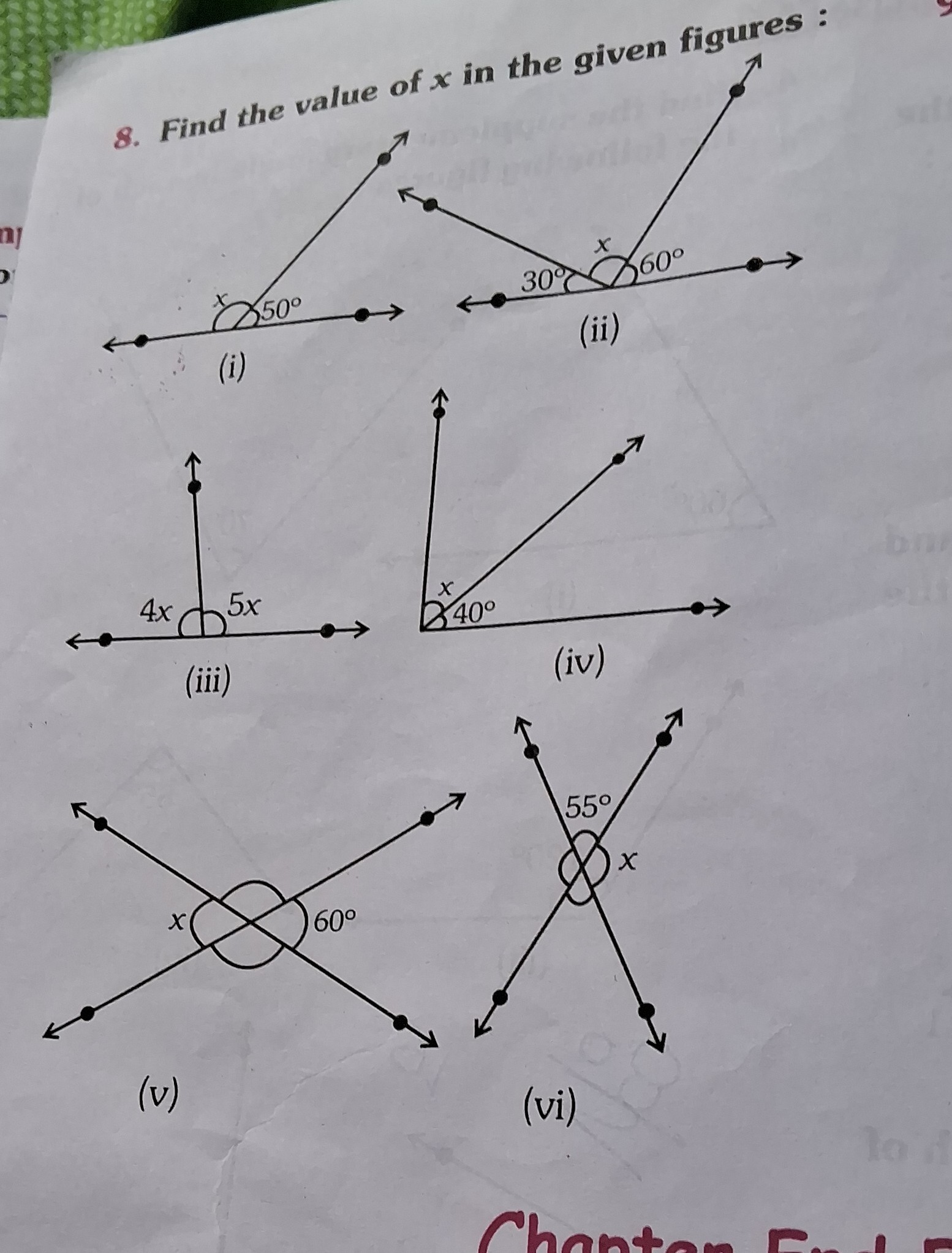 8 find the value of x in the given figures i ii iii iv v vi