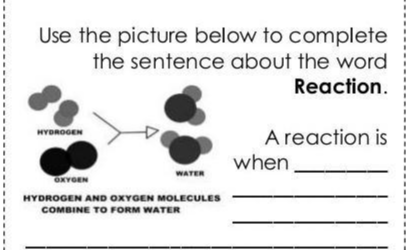 Use the picture below to complete the sentence about the word Reaction ...