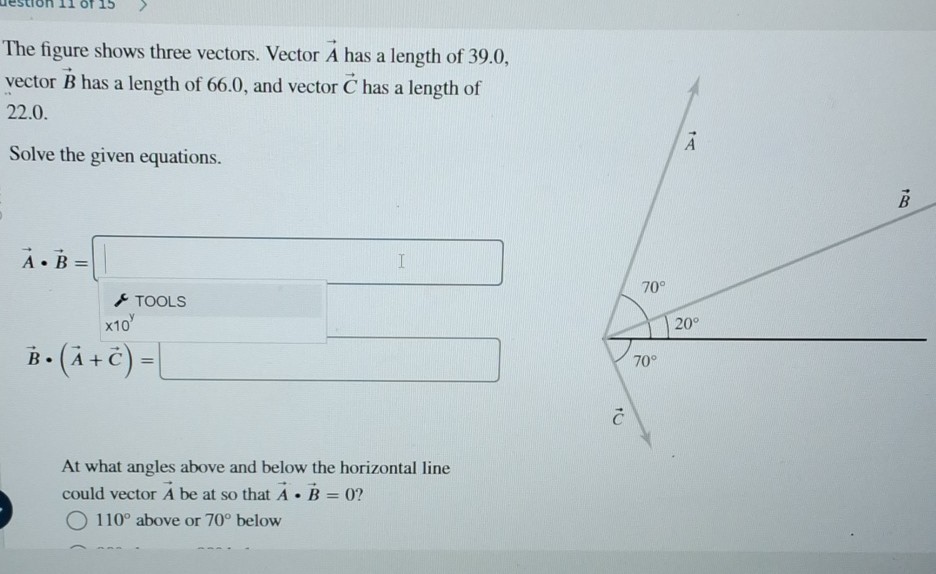 The figure shows three vectors. Vector A⃗ has a length of 39.0 , vector ...