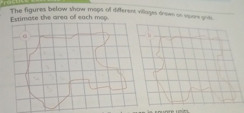 The figures below show maps of different villages drawn on square grids ...