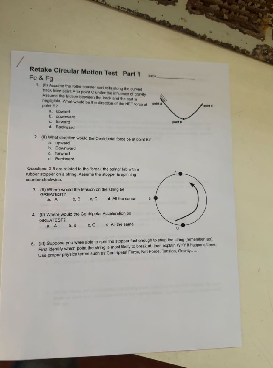 Retake Circular Motion Test Part 1 Fc & Fg 1. (iI) Assume the roller ...