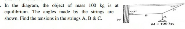 In the diagram, the object of mass 100 kg is at equilibrium. The angles ...
