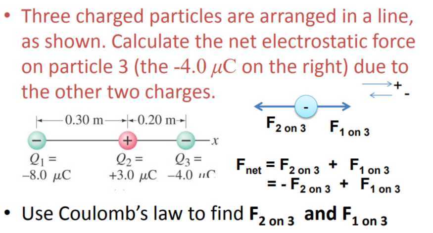 three charged particles are arranged in a line as shown calculate the net electrostatic force on ...