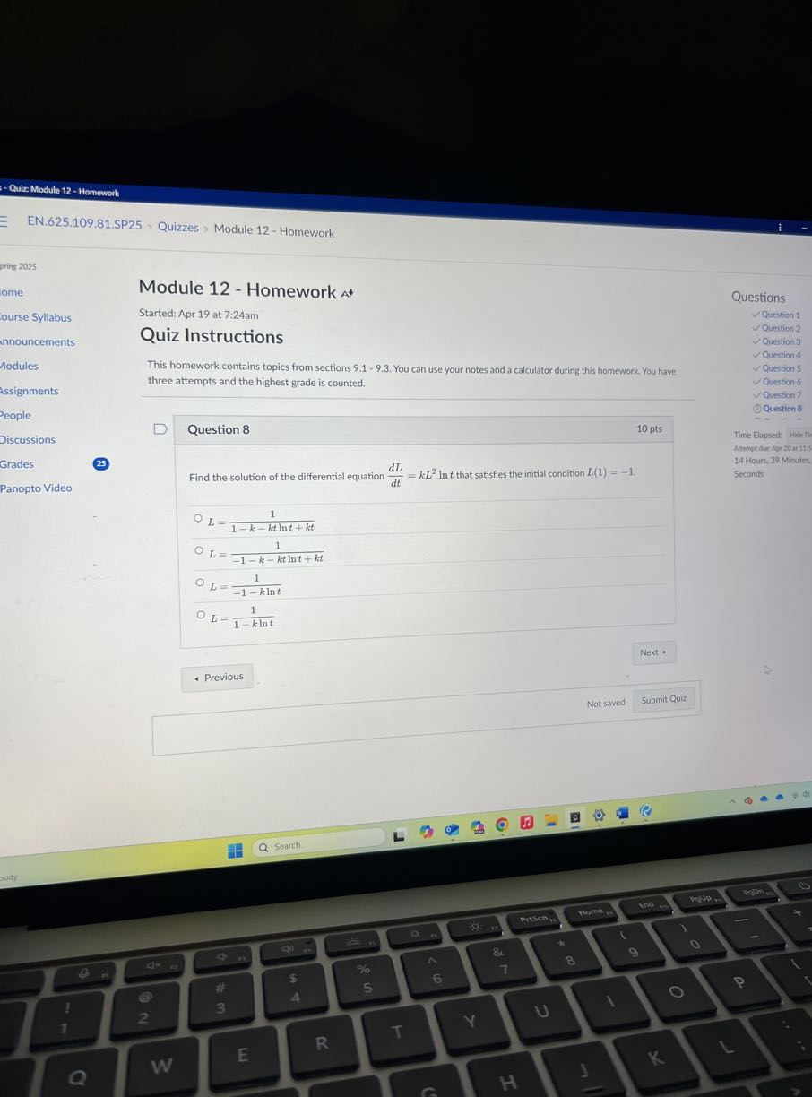 Quiz: Module 12 - Homework EN.625.109.81.SP25 Quizzes > Module 12 ...