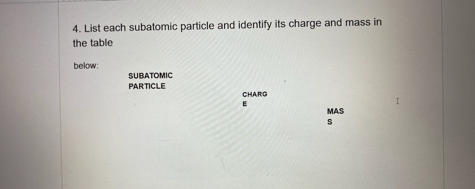 4. List each subatomic particle and identify its charge and mass in the table below: SUBATOMIC ...