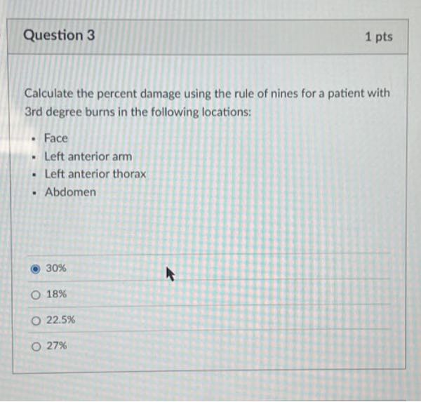 Question 3 1 pts Calculate the percent damage using the rule of nines ...