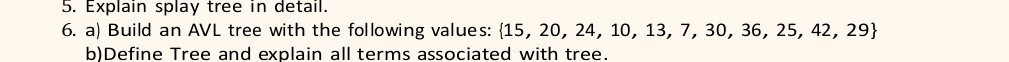 5. Explain splay tree in detail. 6. a) Build an AVL tree with the ...