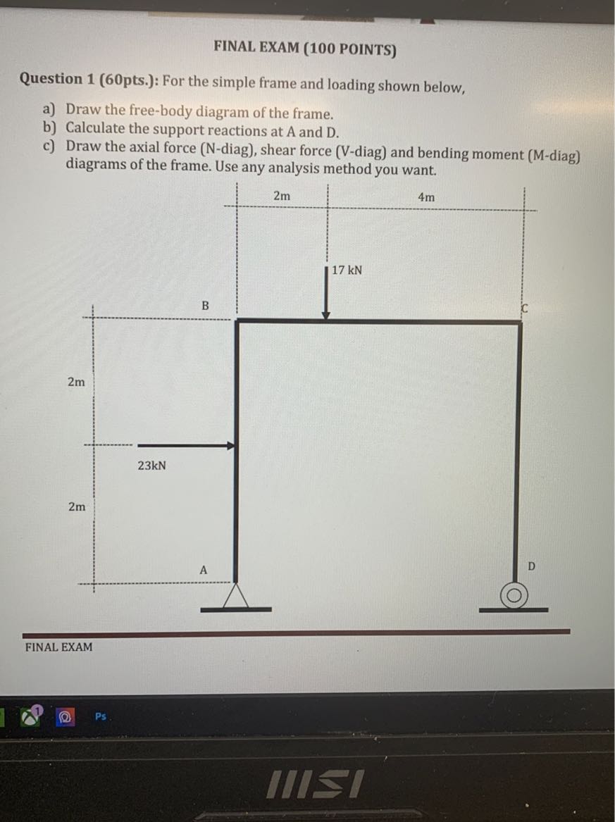 FINAL EXAM (100 POINTS) Question 1 ( 60 pts .): For the simple frame and loading shown below, a ...