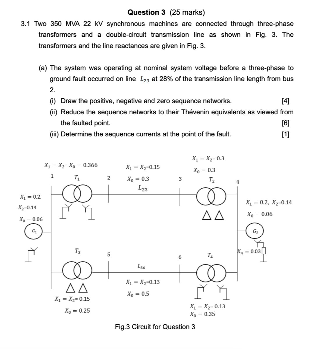 Question 3 (25 marks) 3.1 Two 350 MVA 22 kV synchronous machines are ...