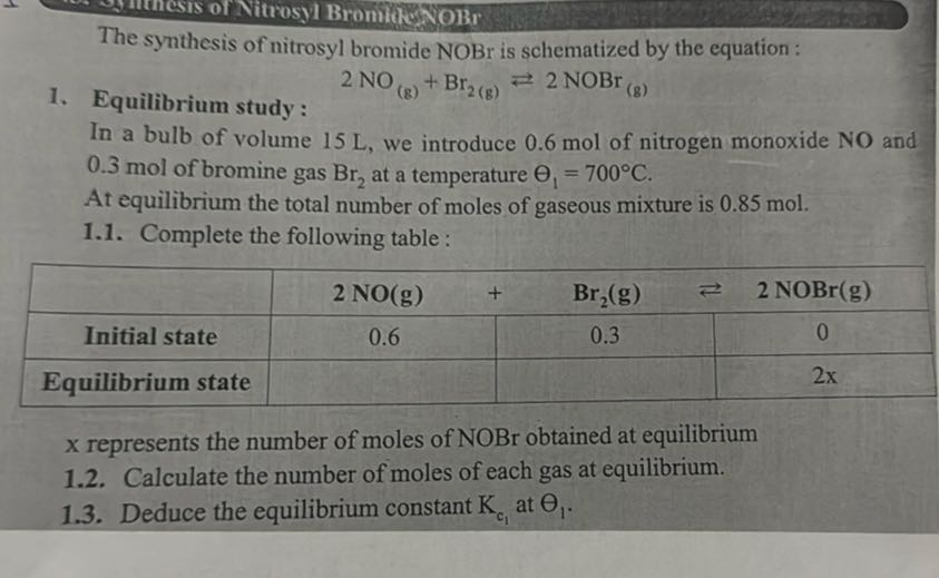 The synthesis of nitrosyl bromide NOBr is schematized by the equation ...