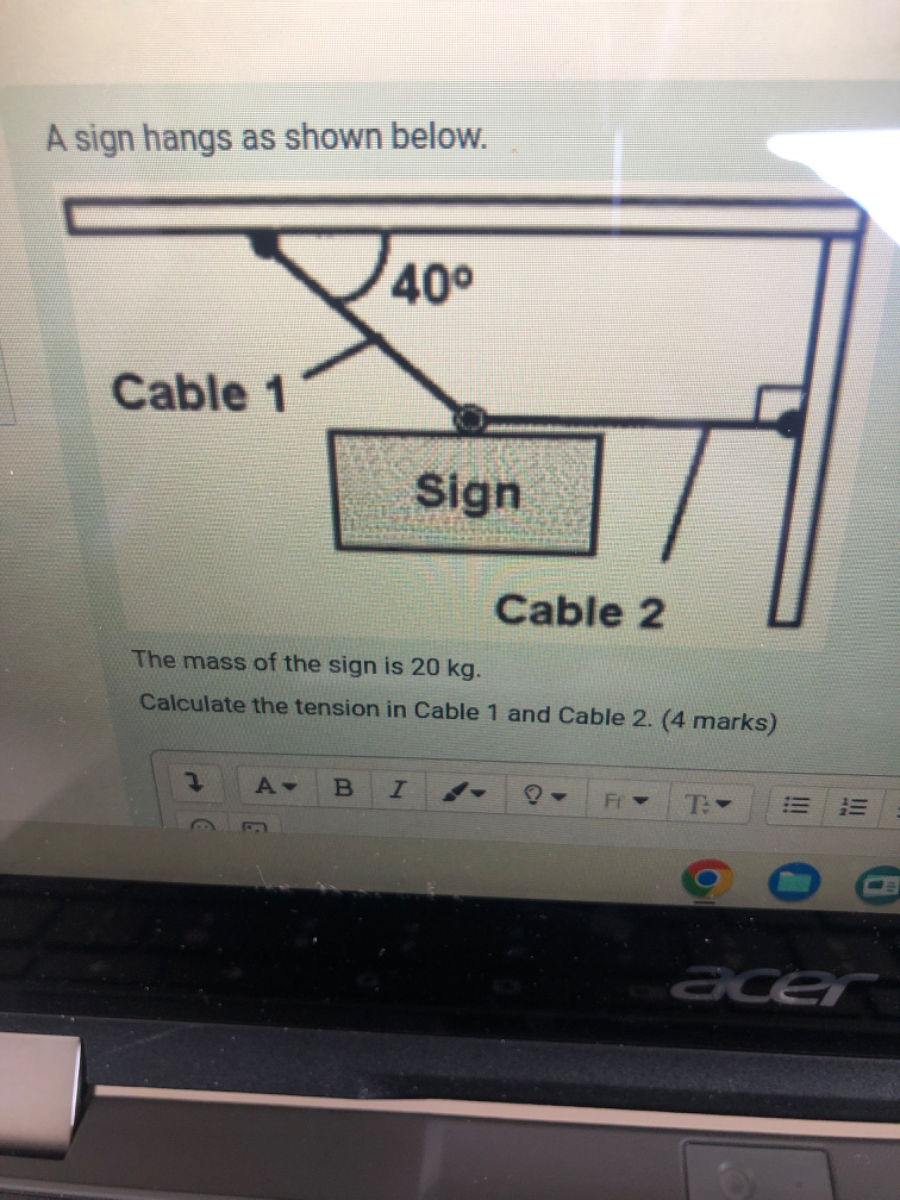 SOLVED: A sign hangs as shown below. The mass of the sign is 20 kg ...