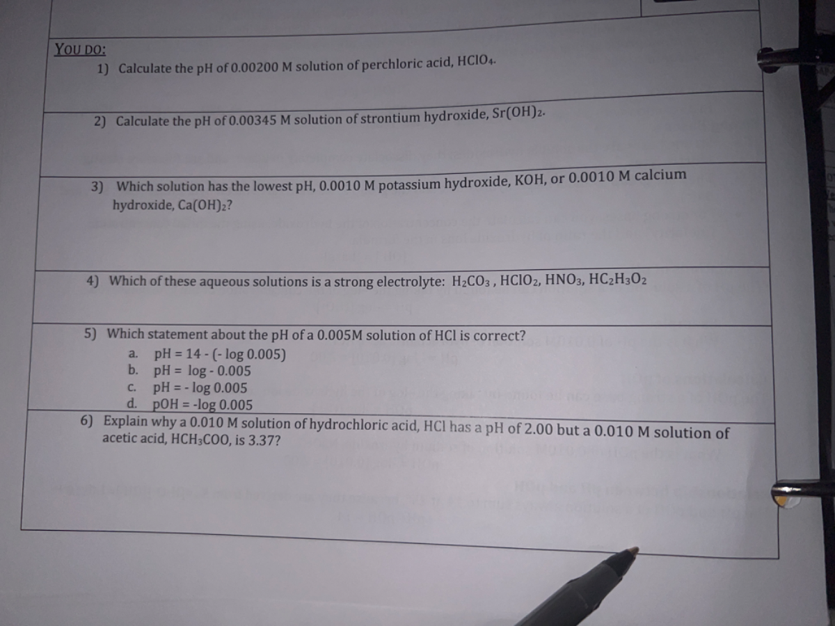 SOLVED: YOU DO: 1) Calculate the pH of 0.00200 M solution of perchloric ...