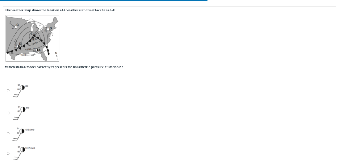 the weather map shows the location of 4 weather stations at locations a ...