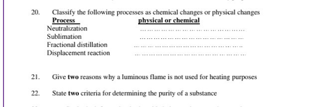 20. Classify the following processes as chemical changes or physical ...