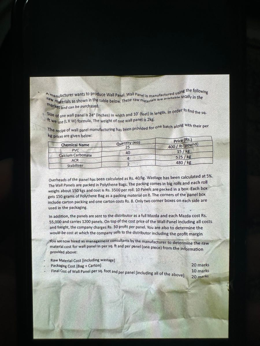 A manufacturer wants to produce Wall Panel. Wall Panel is manufactured ...