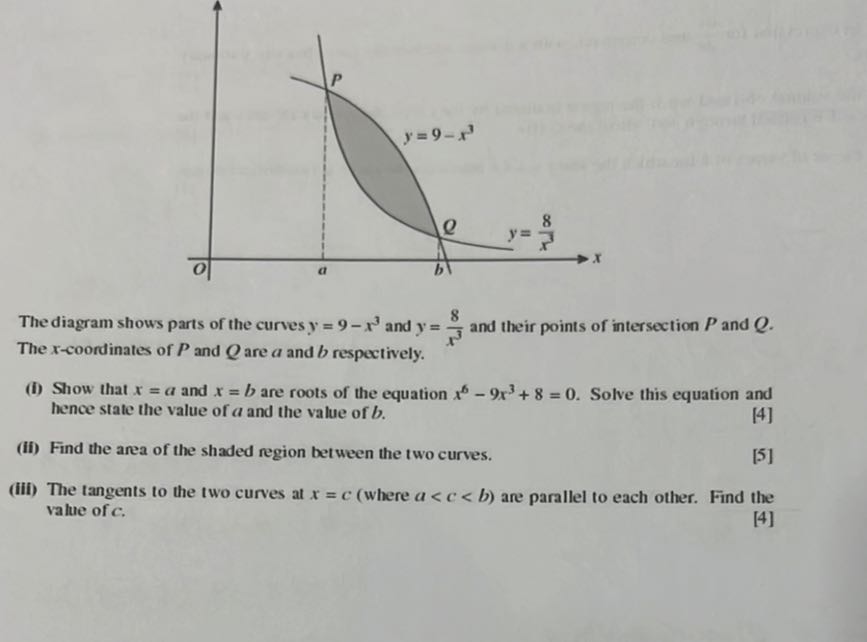 The diagram shows parts of the curves y=9-x^3 and y=(8)/(x^3) and their points of intersection P ...